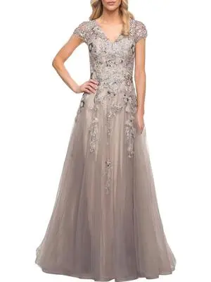 La Femme Beaded Lace A-line Gown - Silver/pink