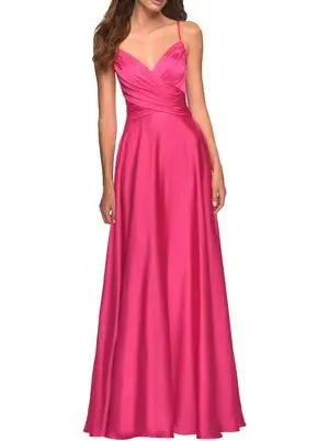 LABOMME La Femme Satin Gown With Criss-Cross Top Hot Pink