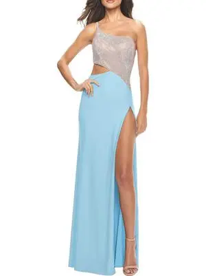 La Femme One-shoulder Rhinestone Bodice Column Gown - Cloud Blue