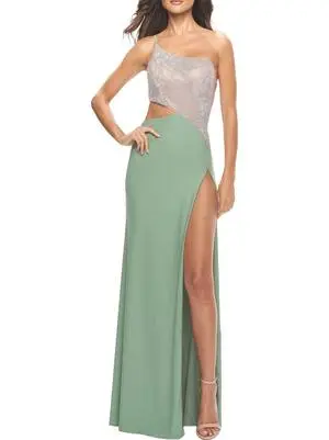 La Femme One-shoulder Rhinestone Bodice Column Gown - Sage