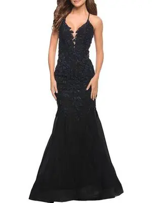 La Femme Mermaid Tulle And Lace Jeweled Prom Dress - Black