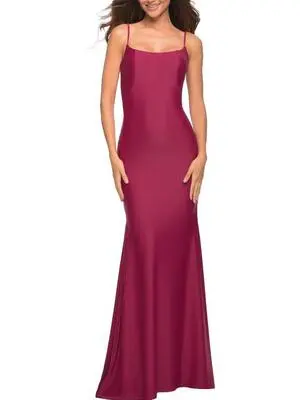La Femme Luxe Jersey Gown With Train And V Back - Berry