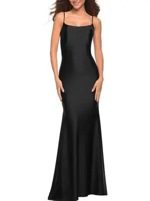 La Femme Luxe Jersey Gown With Train And V Back - Black