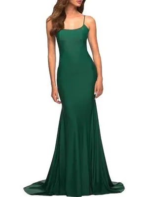 La Femme Luxe Jersey Gown With Train And V Back - Emerald