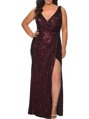 LABOMME Sequin Gown With V-neck And Slit - Wine
