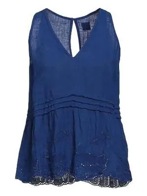 120% Lino Linen Top With Lace Blue