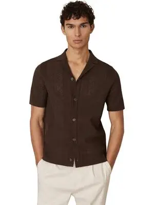 REISS Kipling Textured-knit Short-sleeve Shirt - Chocolate Brown