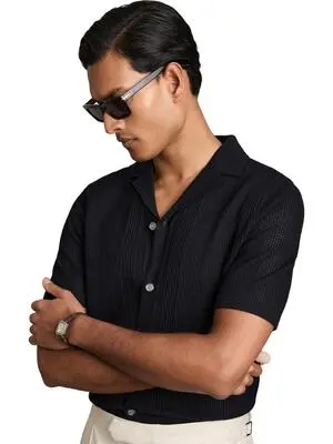 REISS Kipling Textured-knit Short-sleeve Shirt - Navy