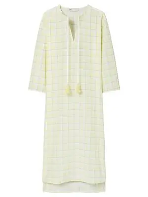 Tory Burch PLAID COTTON CAFTAN Lemon Yellow,plaid