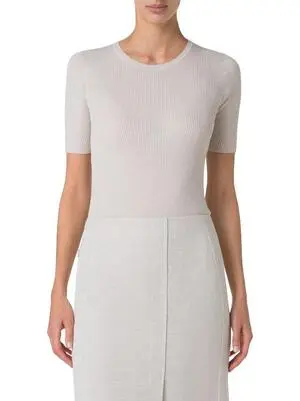 Akris Short Sleeve Silk & Cotton Rib Sweater - Greige