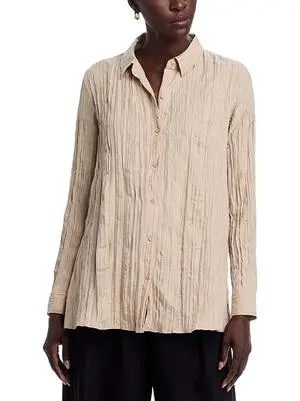 Eileen Fisher Classic Collar Crinkle Silk Shirt - Wheat