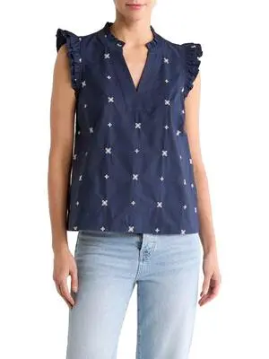 GIBSONLOOK Ruffled Embroidered Top - Navy Embroidered