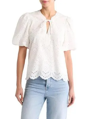 GIBSONLOOK Eyelet Bubble Sleeve Top - White