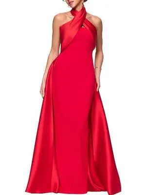 Betsy & Adam Twist Halter Neck Gown - Red