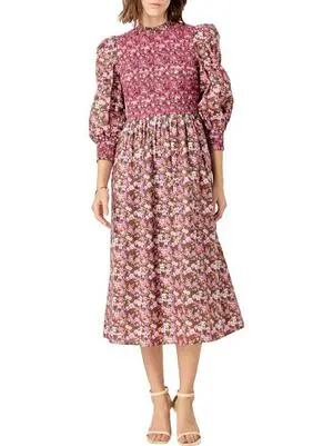 English Factory Floral Smock Bodice Midi Dress - Pink