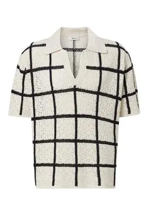 Commas Checked Crochet Cotton And Wool Polo Shirt - White
