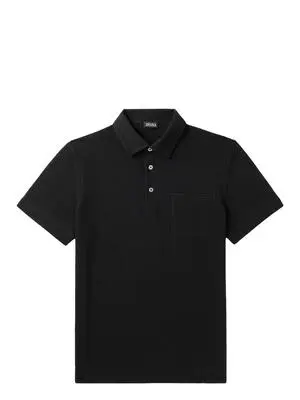 Zegna Slim-fit Leather-trimmed Cotton-piqué Polo Shirt - Black