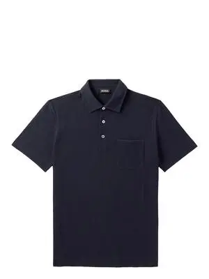Zegna Slim-fit Leather-trimmed Cotton-piqué Polo Shirt - Blue