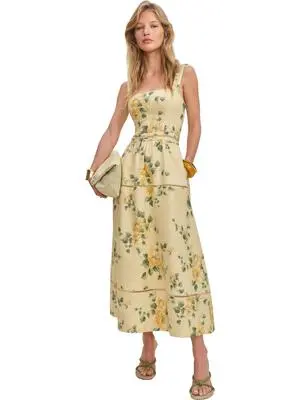 REFORMATION Everett Linen Midi Dress - Yellow