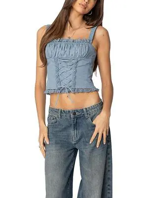 EDIKTED Juliet Ruched Lace Up Corset - Light Blue