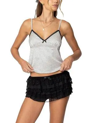 EDIKTED Polka Dot Satin Top With Lace Trim - Cream