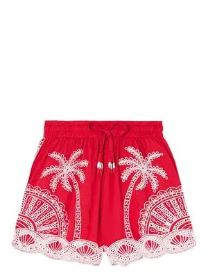 Farm Rio Scalloped Broderie Anglaise Cotton Shorts - Red