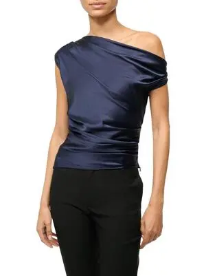 Staud Phare One-shoulder Stretch Silk Top - Navy