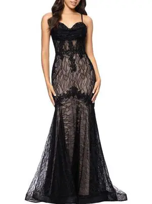 BLONDIE NITES Sequin Embroidered Trumpet Gown - Black/ Nude