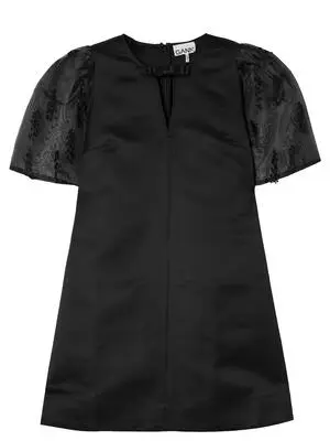GANNI Embroidered Organza-trimmed Recycled-crepe Mini Dress - Black