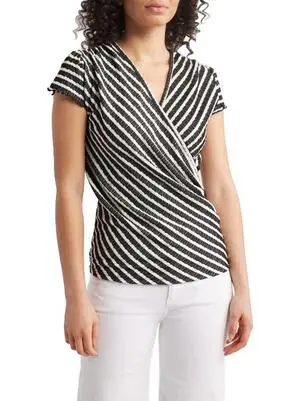 Loveappella Puckered Stripe Wrap Top - Black