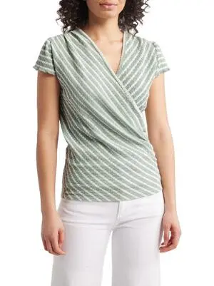 Loveappella Puckered Stripe Wrap Top - Sage