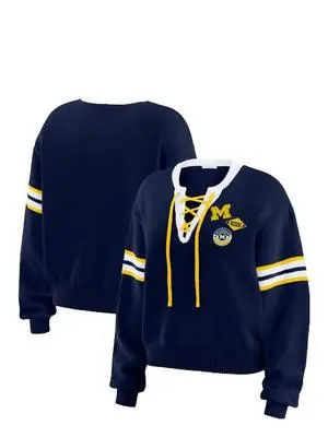 WEAR BY ERIN ANDREWS Michigan Wolverines Lace-up Pullover Sweater - Navy