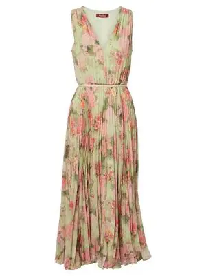 Max Mara Floral Plissé Georgette Midi Dress - Green