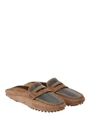 Brunello Cucinelli Monili Suede Driving Mules - Brown