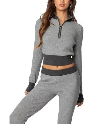 EDIKTED Lei Contrast Half Zip Knit Top - Gray