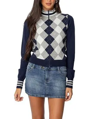 EDIKTED Madisen Argyle Knit Cardigan - Navy