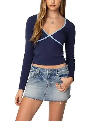 EDIKTED Corie Contrast V Neck Top - Navy