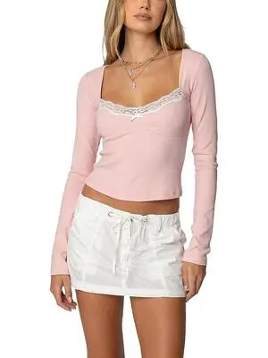EDIKTED Morgyn Lace Trim Ribbed Top - Light Pink