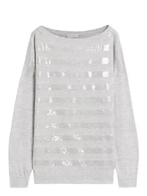 Brunello Cucinelli Sequin-embellished Striped Sweater - Light Gray
