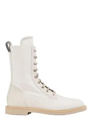 Brunello Cucinelli Bead-embellished Canvas Combat Boots - Ecru
