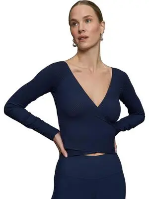 Carbon38 Long Sleeve Ribbed Jersey Wrap Top - Navy