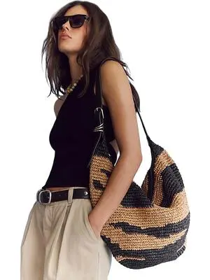Free People Santorini Straw Tote Bag Black Mix