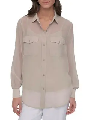 Dkny Chiffon Button-up Shirt - Pebble