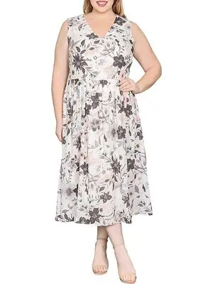 STANDARDS & PRACTICES Sleeveless V-neck A-line Midi Dress - White Floral
