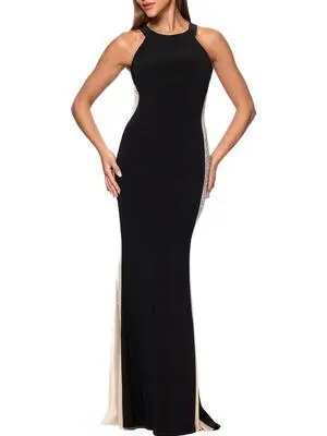XSCAPE EVENINGS Beaded Mesh Detail Sleeveless Gown - Black/ Nude/ Silver