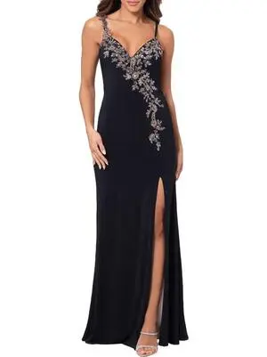XSCAPE EVENINGS Crystal Floral Sheath Gown - Black/ Nude