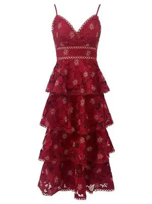 AROSE STUDIO Eartha Eyelet Embroidery Midi Dress - Burgundy