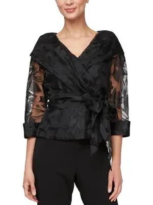 Alex Evenings Floral Tie Belt Three-quarter Sleeve Top - Black