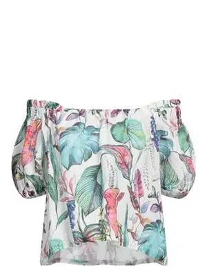 120% Lino Floral-print Off-the-shoulder Top - White