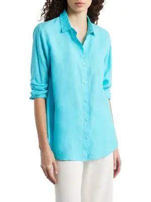 Eileen Fisher Classic Collar Organic Linen Long Shirt - Aquarius